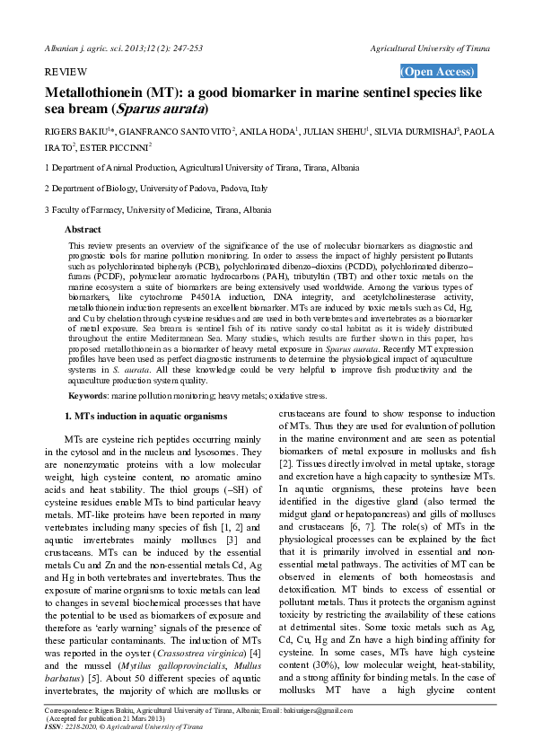 (PDF) Metallothionein (MT): a good biomarker in marine sentinel species ...