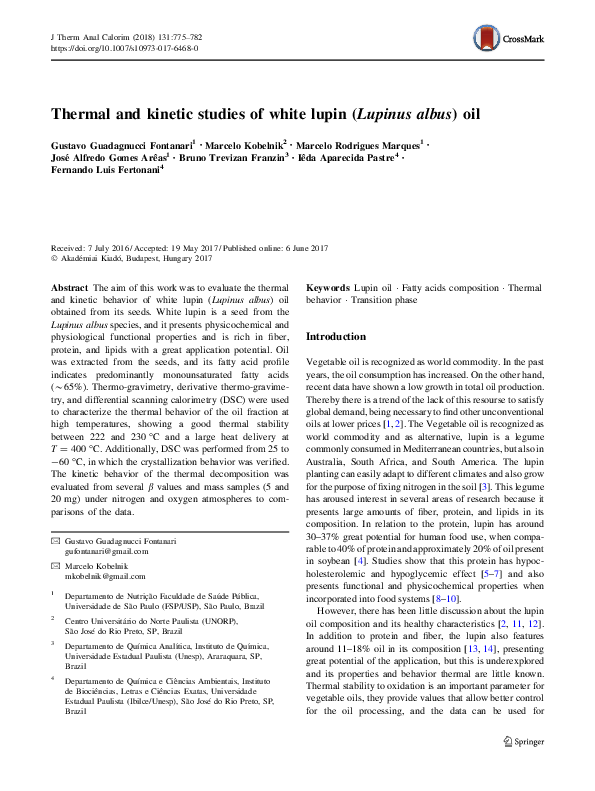 (PDF) Thermal and kinetic studies of white lupin (Lupinus albus) oil
