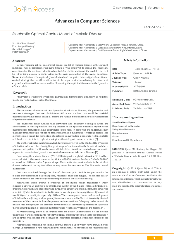 (PDF) Stochastic Optimal Control Model of Malaria Disease