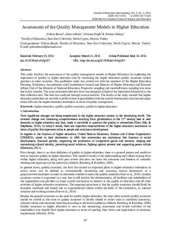 (PDF) Assessment of the Quality Management Models in Higher Education