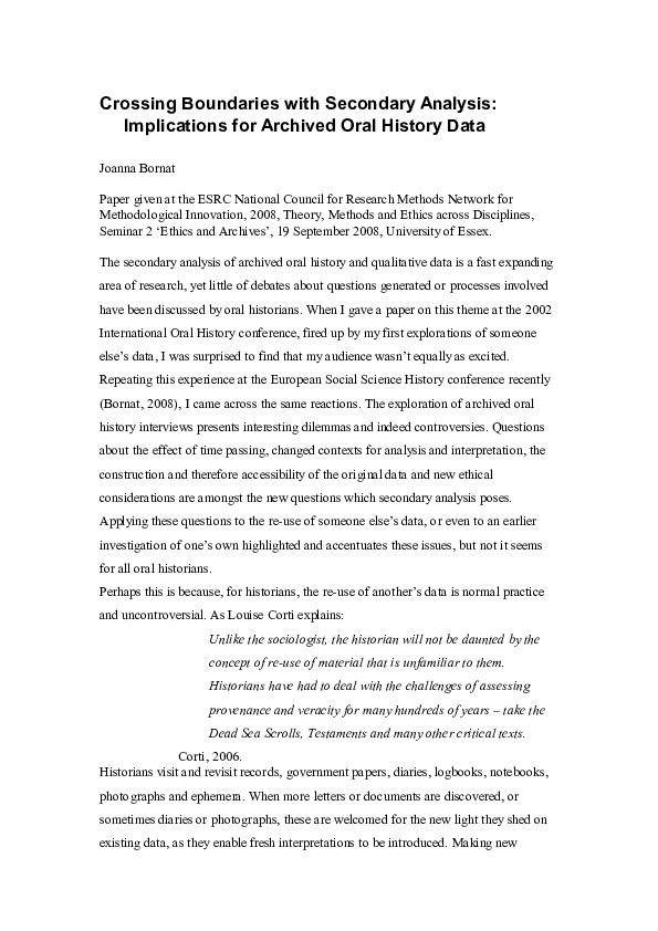 (PDF) Crossing Boundaries with Secondary Analysis: Implications for ...