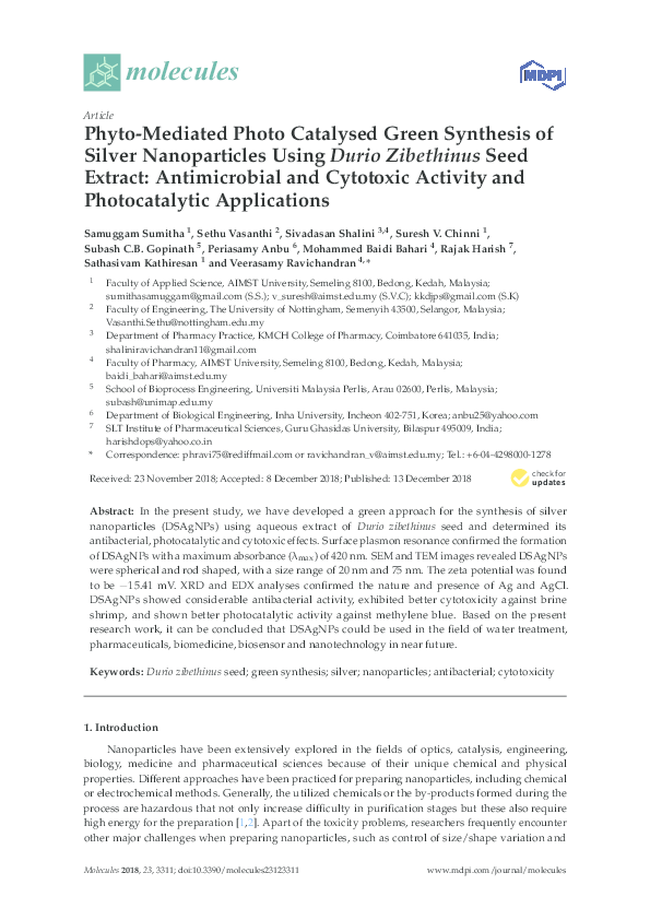 (PDF) Phyto-Mediated Photo Catalysed Green Synthesis of Silver Nanoparticles Using Durio ...