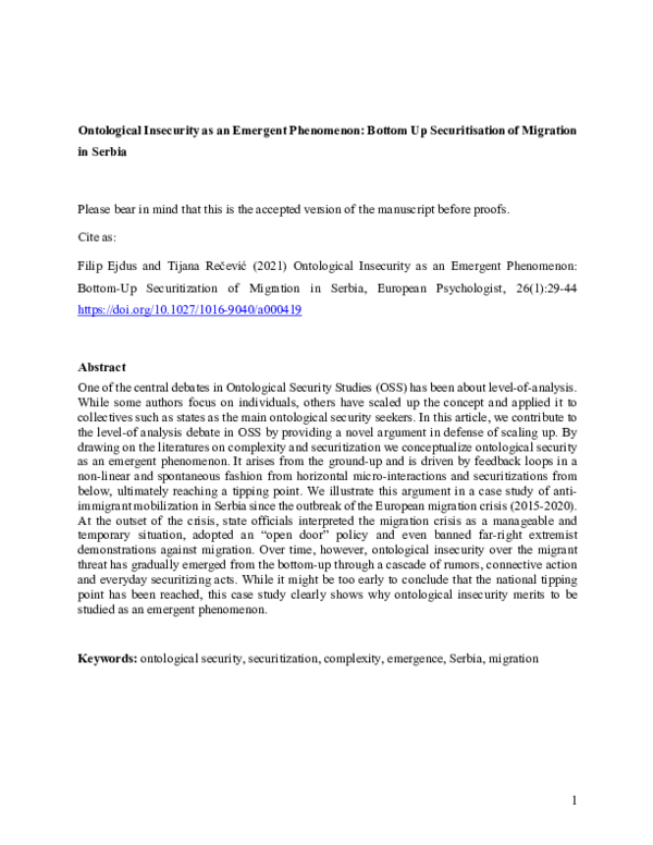 (PDF) Ontological Insecurity as an Emergent Phenomenon: Bottom Up ...