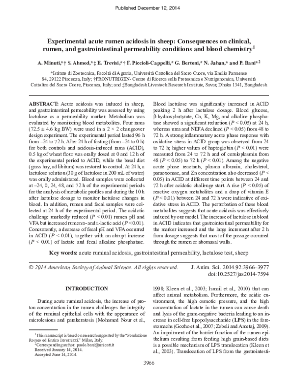 (PDF) Experimental acute rumen acidosis in sheep: Consequences on ...