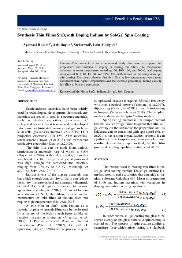 (PDF) Synthesis Thin Films SnO2 with Doping Indium by Sol-gel Spin coating