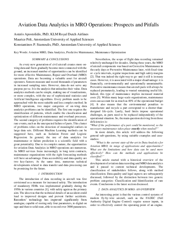 (PDF) Aviation Data Analytics in MRO Operations: Prospects and Pitfalls