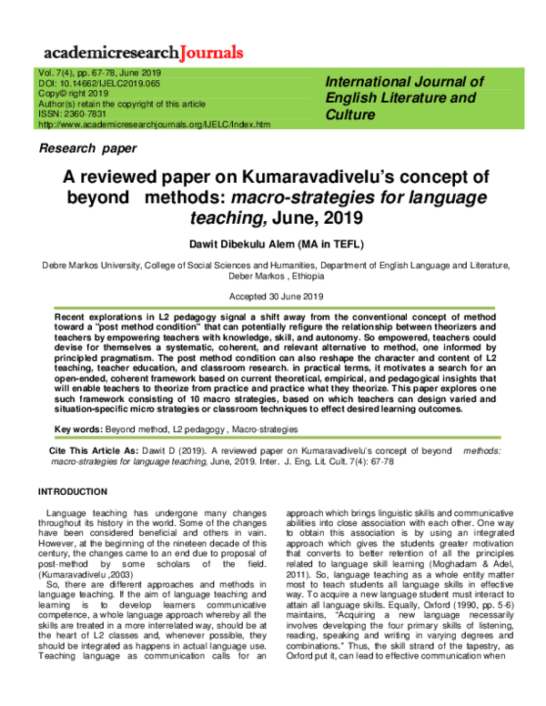 (PDF) A reviewed paper on Kumaravadivelu's concept of beyond methods: macro-strategies for ...