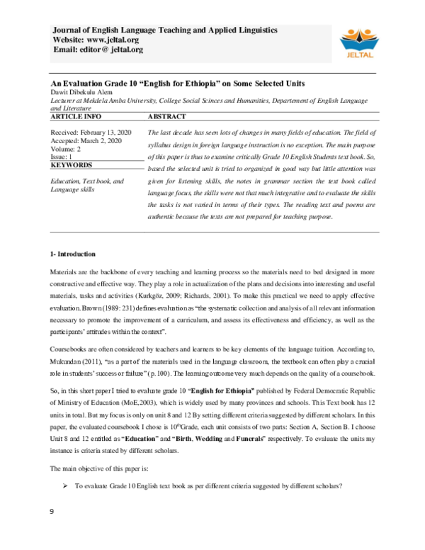 (PDF) Paper 2 An Evaluation Grade 10 “English for Ethiopia” on Some ...
