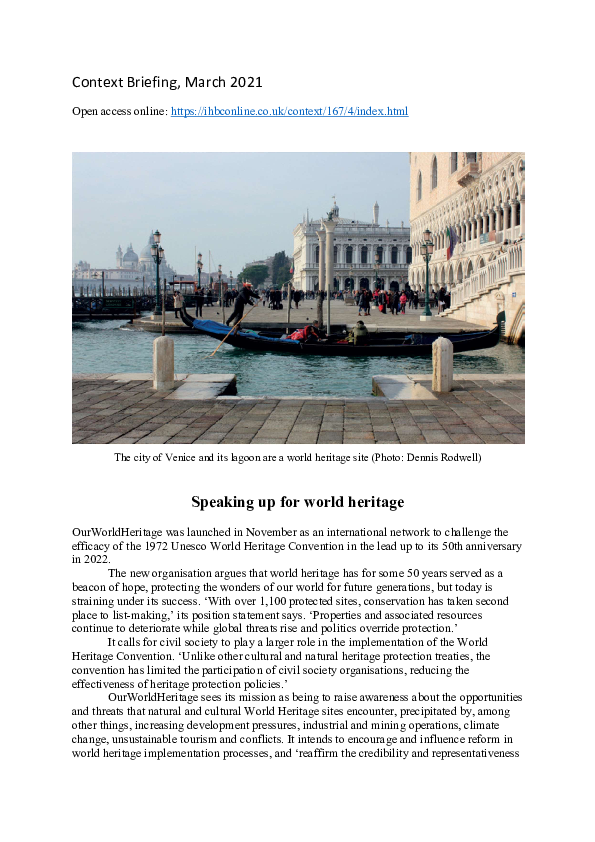 (PDF) 'Speaking up for World Heritage', Context 167, 2021 03