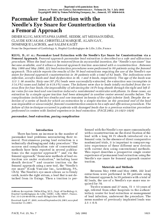 (PDF) Pacemaker Lead Extraction with the Needle's Eye Snare for ...