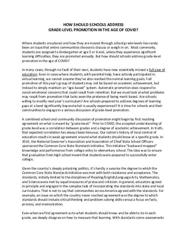 (PDF) HOW SHOULD SCHOOLS ADDRESS GRADE-LEVEL PROMOTION IN THE AGE OF COVID