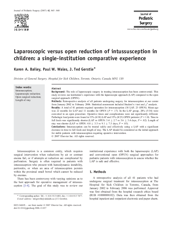 (PDF) Laparoscopic versus open reduction of intussusception in children ...