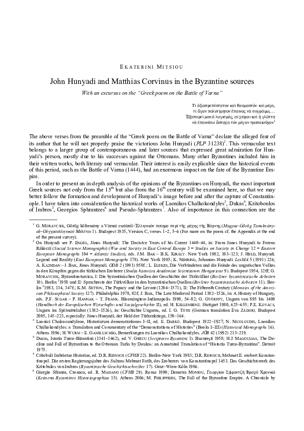 (PDF) John Hunyadi and Matthias Corvinus in the Byzantine sources. With ...