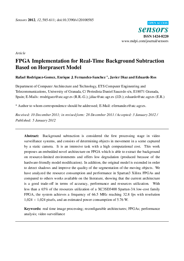 (PDF) FPGA-Based Real-Time Background Subtraction with Shadow Detection