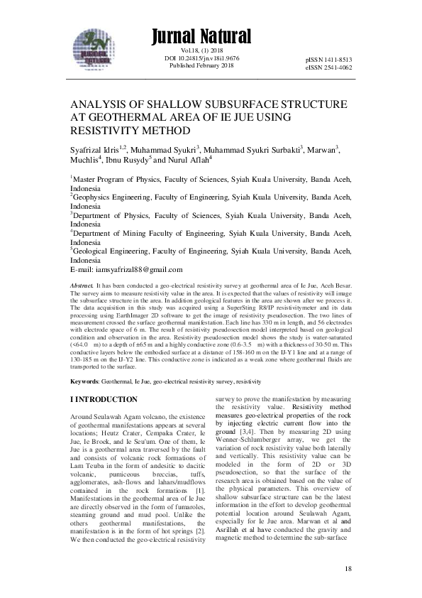 (PDF) Analysis of Shallow Subsurface Structure at Geothermal Area of Ie Jue Using Resistivity Method