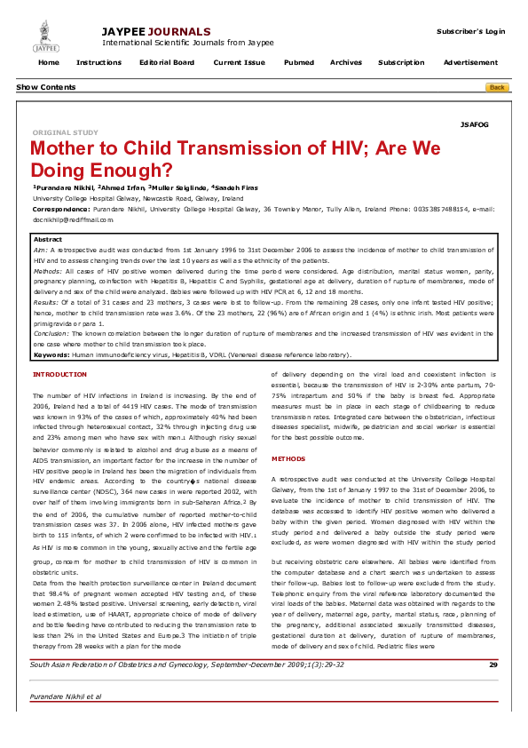 (PDF) Mother to Child Transmission of HIV; Are We Doing Enough?