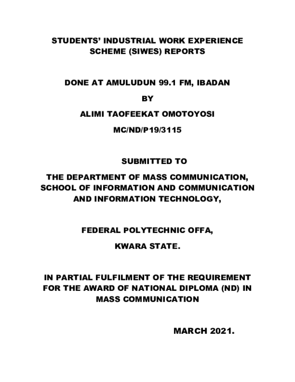 (PDF) Students Industrial Work Experience Scheme (SIWES) Reports