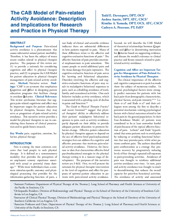 (PDF) The CAB Model of Pain-related Activity Avoidance: Description and ...