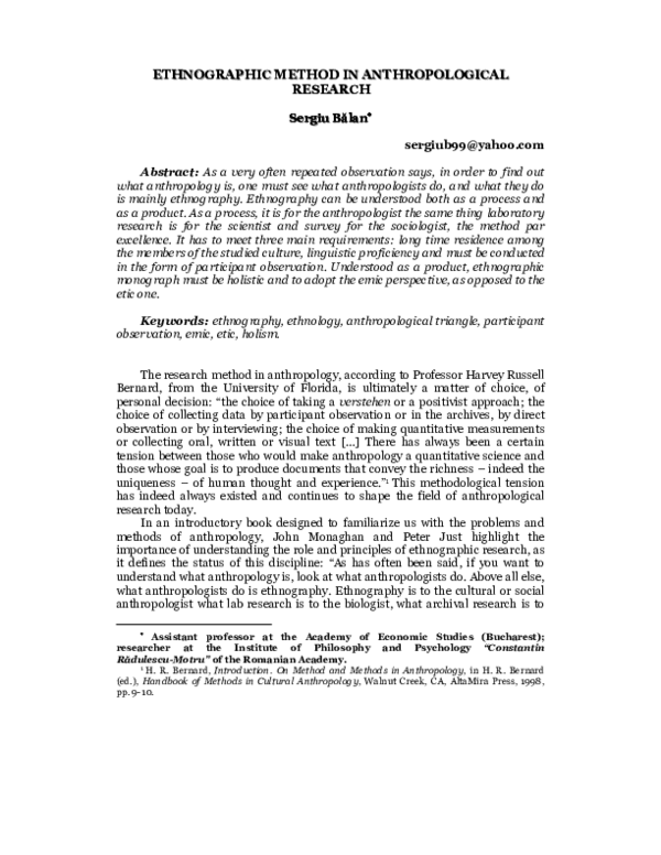 (PDF) Ethnographic Method in Anthropological Research