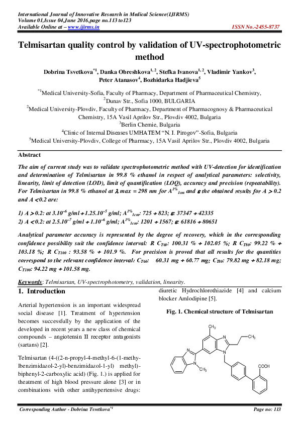 Pdf Telmisartan Quality Control By Validation Of Uv Spectrophotometric Method