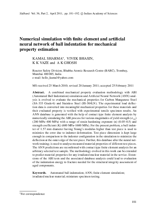 Pdf Numerical Simulation With Finite Element And Artificial Neural Network Of Ball Indentation