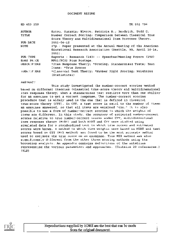 (PDF) Number Correct Scoring: Comparison between Classical True Score ...