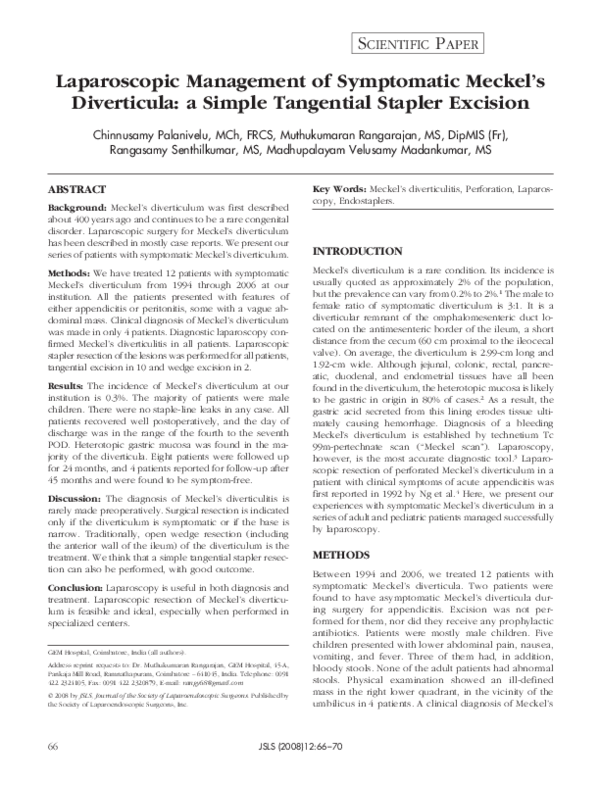 (PDF) Laparoscopic management of symptomatic Meckel's diverticula: a ...