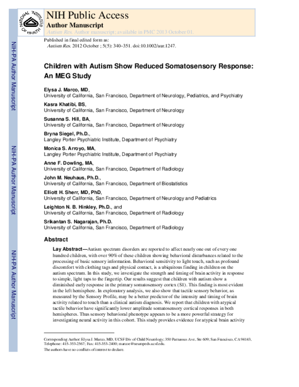 (PDF) Children With Autism Show Reduced Somatosensory Response: An MEG ...