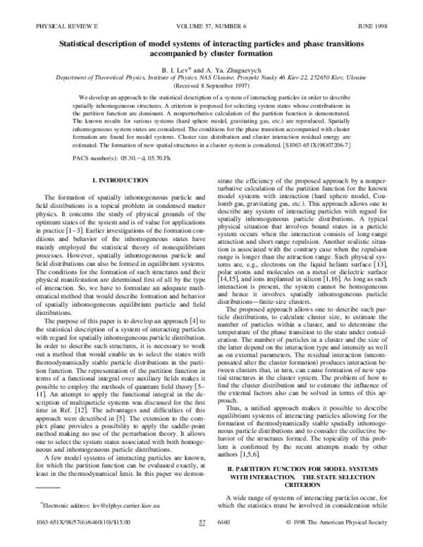 (PDF) Statistical description of model systems of interacting particles and phase transitions ...