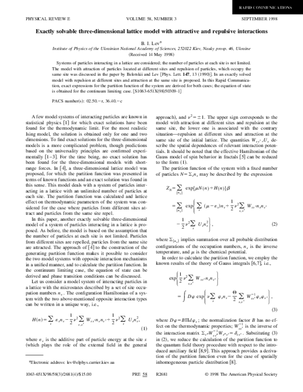 (PDF) Exactly solvable three-dimensional lattice model with attractive and repulsive interactions