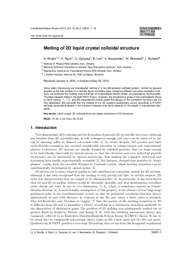 (PDF) Melting of 2D liquid crystal colloidal structure