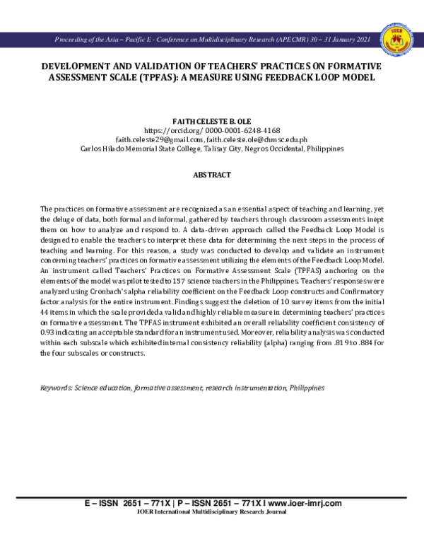 Pdf Development And Validation Of Teachers Practices On Formative Assessment Scale Tpfas A
