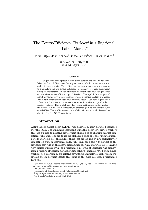 (PDF) The Equity-Efficiency Trade-off in a Frictional Labor Market