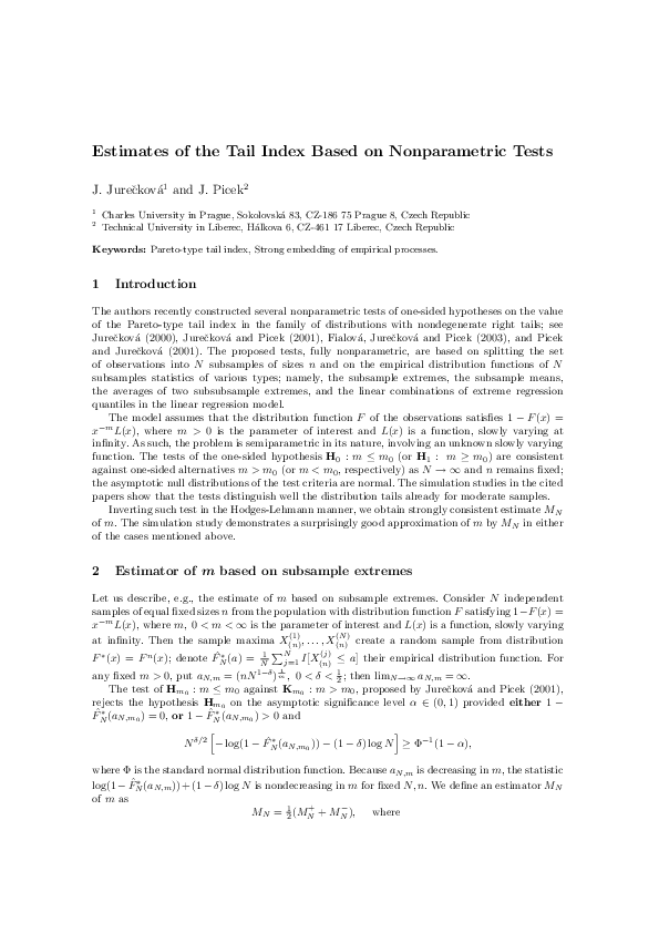 Pdf Estimates Of The Tail Index Based On Nonparametric Tests J