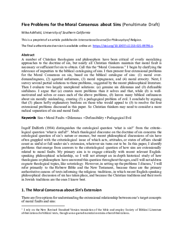 (PDF) Five problems for the moral consensus on sins