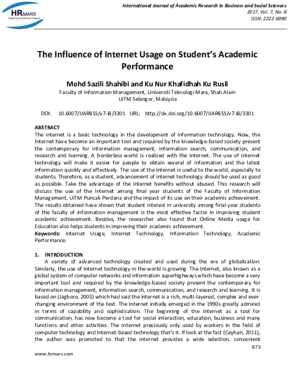 (PDF) The Influence of Internet Usage on Studentâ s Academic Performance