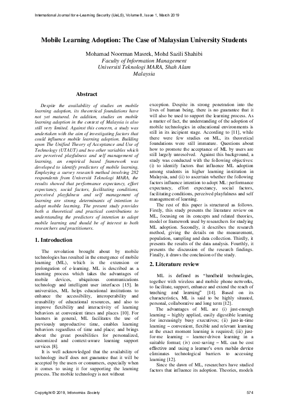 (PDF) Mobile Learning Adoption: The Case of Malaysian University Students
