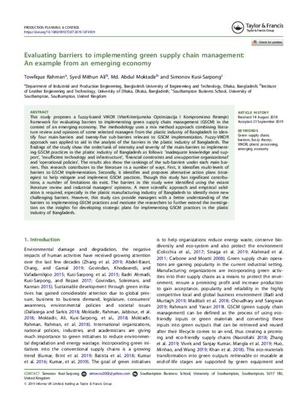 (PDF) Evaluating barriers to implementing green supply chain management: An example from an ...
