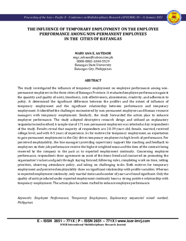 (PDF) THE INFLUENCE OF TEMPORARY EMPLOYMENT ON THE EMPLOYEE PERFORMANCE ...