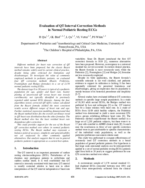 Pdf Evaluation Of Qt Interval Correction Methods In Normal Pediatric Resting Ecgs