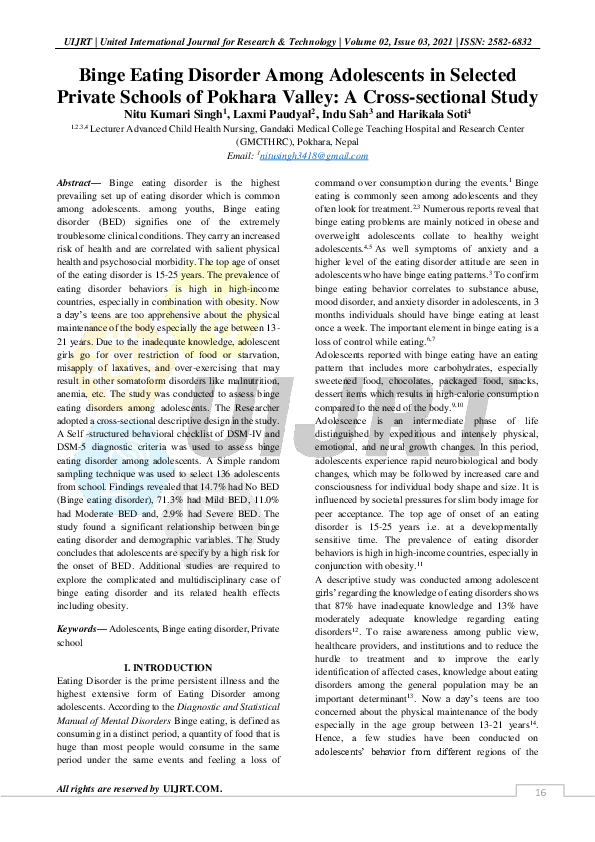 (PDF) Binge Eating Disorder Among Adolescents in Selected Private ...