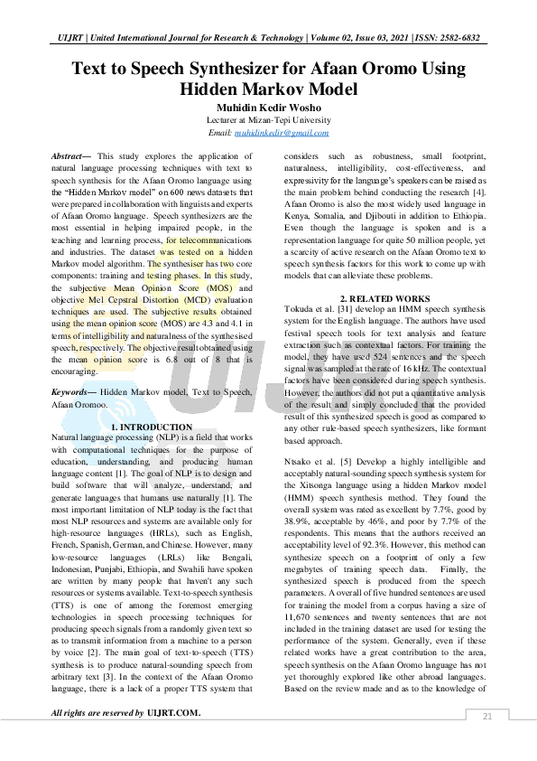 (PDF) Text to Speech Synthesizer for Afaan Oromo Using Hidden Markov Model