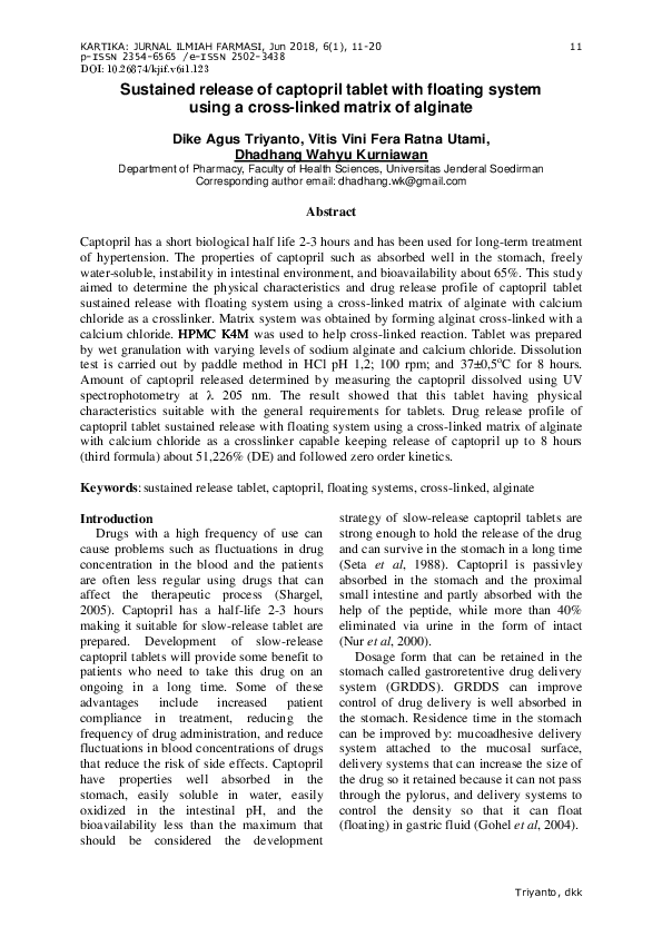 Pdf Sustained Release Of Captopril Tablet With Floating System Using A Cross Linked Matrix Of