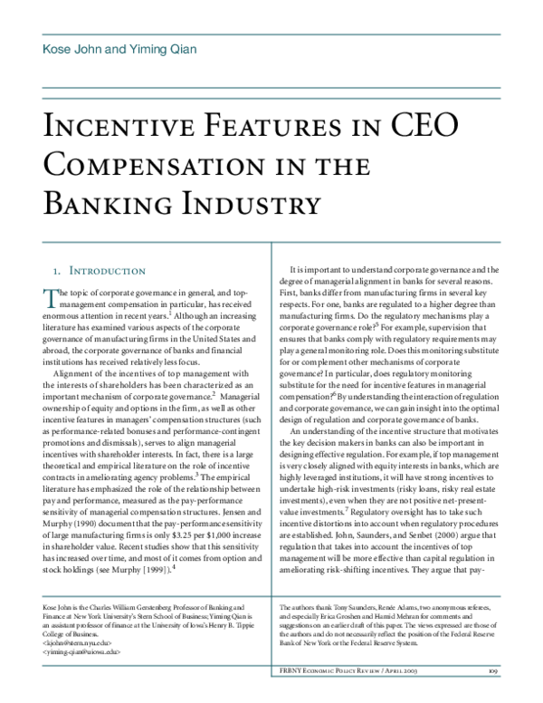 (PDF) Incentive features in CEO compensation in the banking industry