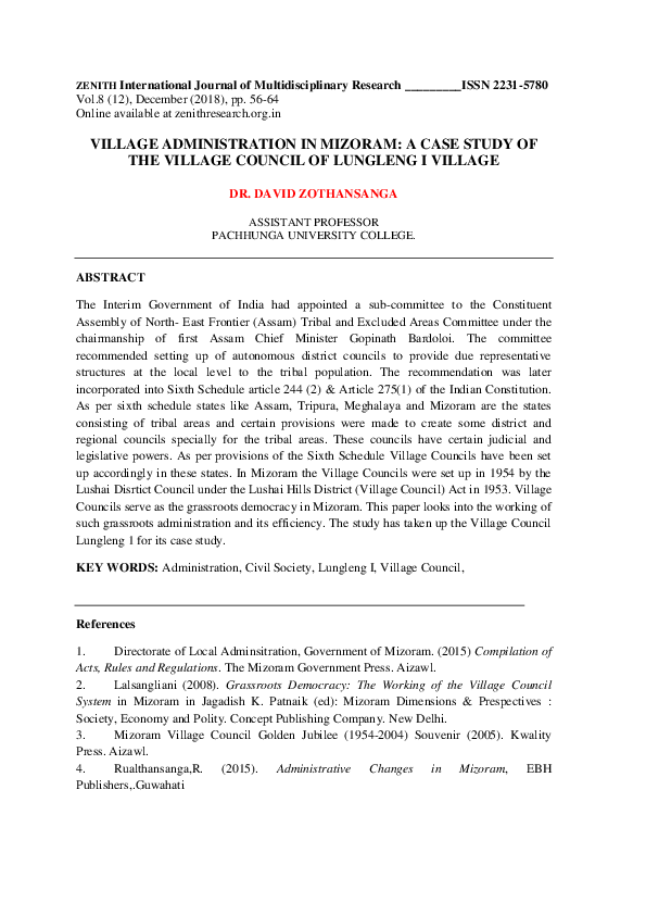 (PDF) VILLAGE ADMINISTRATION IN MIZORAM: A CASE STUDY OF THE VILLAGE ...