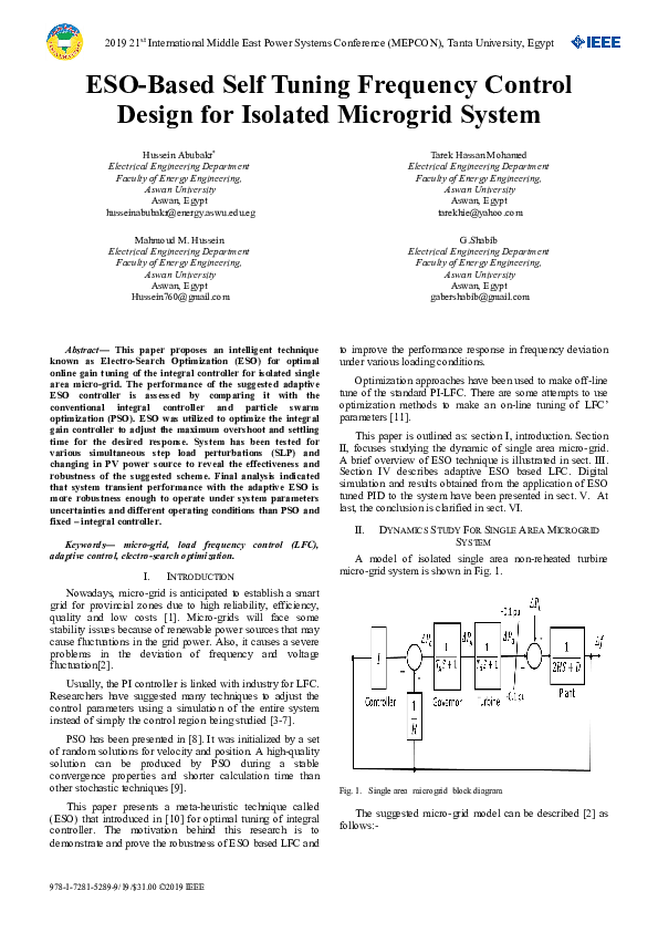 (PDF) ESO-Based Self Tuning Frequency Control Design for Isolated Microgrid System