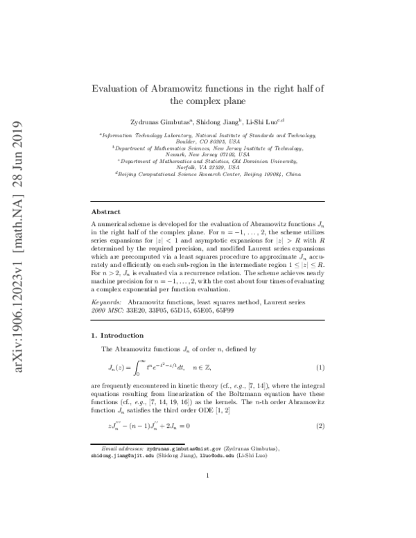 (PDF) Evaluation of Abramowitz functions in the right half of the ...