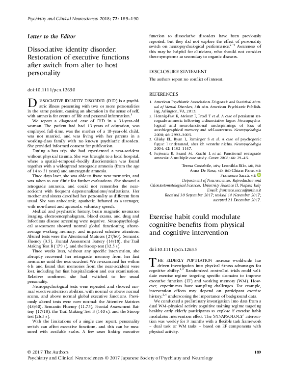 (PDF) Dissociative Identity Disorder: Restoration of Executive ...