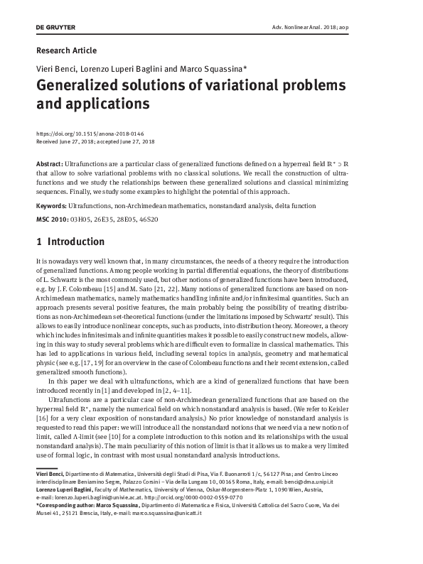 (PDF) Generalized solutions of variational problems and applications
