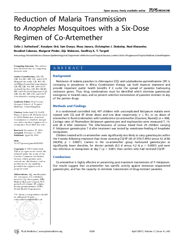 (PDF) Reduction of Malaria Transmission to Anopheles Mosquitoes with a ...